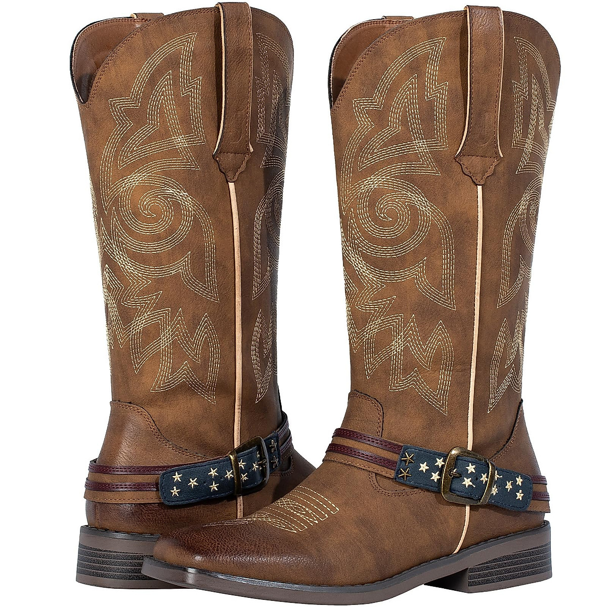 J's.o.l.e Women's Fashion Western Cowgirl Cowboy Boots Wide Square Toe Mid Calf US Size 9.5