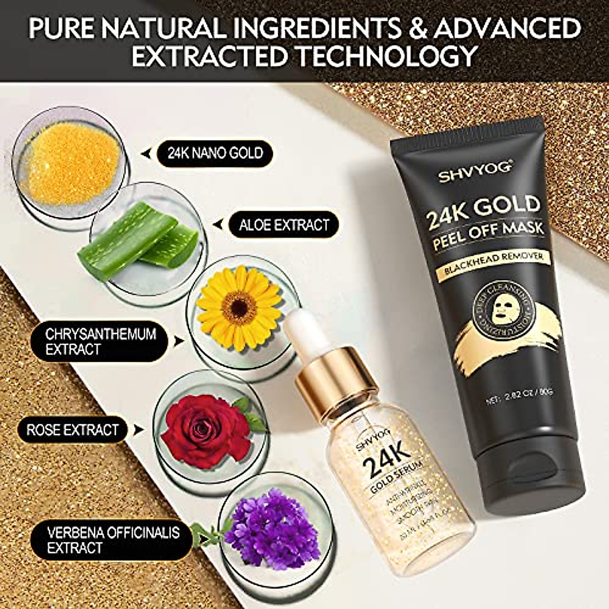 Blackhead Remover Mask, 3-in-1 Peel off Face Mask with 24K Gold Serum & Silicon Brush,24K Gold Facial Mask For Deep Cleansing Blackhead, Whitehead, Pores, Acne, Oil, Peel Mask Black Mask(80g+20ml)