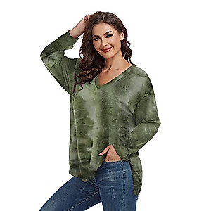 LARACE Tie Dye Sweatshirts for Women Plus Size Tops V Neck Side Split Shirt Casual Long Sleeve Pullover Tee(E-Olive 2X)