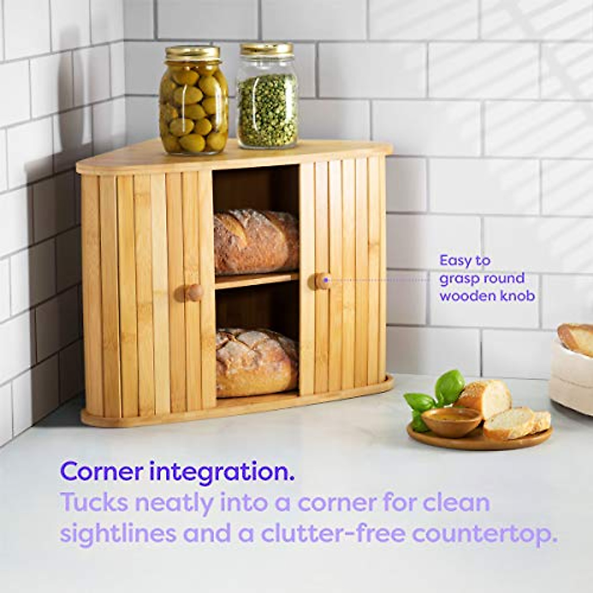 Klee Wooden Bread Box | Bamboo Bread Holder | Corner Bread Keeper Storage Box, Fully Assembled