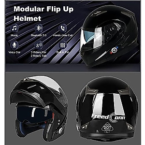 FreedConn Motorcycle Bluetooth Helmet BM2-S Flip Up Modular Bluetooth Motorcycle Helmet Voice Dial Hands-Free Call 500M 2-3 Riders MP3 FM DOT Motorcycle Helmet with Bluetooth 3.0 (Large, Gloss Black)