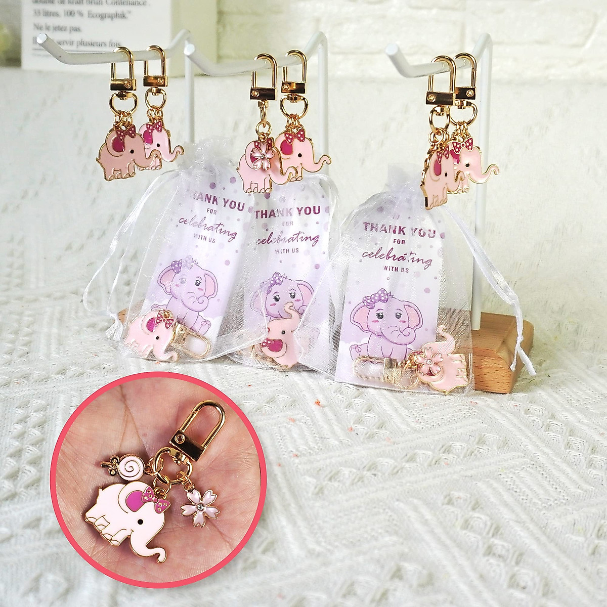 BUYWUMORE 12 Sets Baby Shower Pink Elephant Keychains It's a Girl Return Favor for Guests with Flower Sweets White Organza Bags and Thank You Tags Elephant Theme Party for Kids Party Supplies (Girl)