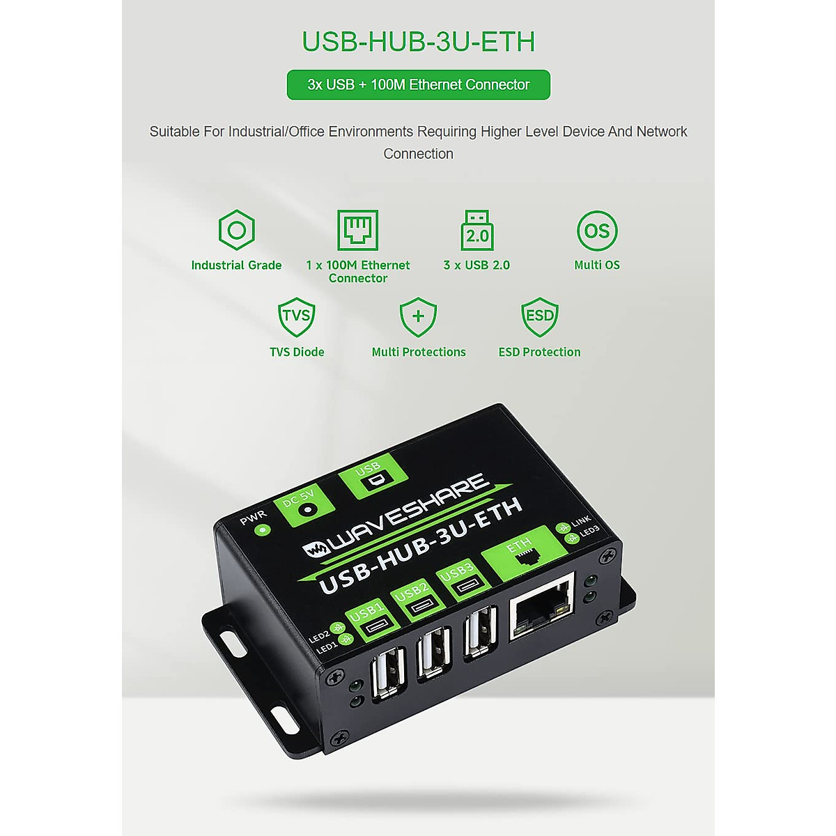 Waveshare Industrial Grade Multifunctional USB HUB Extending 3X USB Ports + 100M Ethernet Port Suitable for Industrial/Office Environments Requiring Higher Level Device and Network Connection