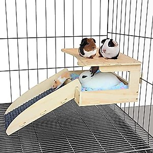 Guinea Pig Hideout-Natural Wooden Guinea Pig Bedding Guinea Pig Toys with Stairs and Mat,Detachable Guinea Pig Bed for Guinea Pig Cages Hamsters Bunny Chinchillas.