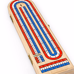 ropoda Cribbage Board Game, Classic 3 Track Board with 9 Cribbage Pegs, A Deck of Playing Cards and Storage Area, Portable and Foldable Wooden Board Game