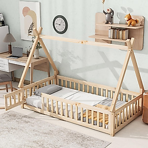 LostCat Twin Size Floor Bed for Kids Girls Boys, Wooden Montessori Floor Bed with Guardrails & Door, Tent-Shaped Floor Bed, Wood Slat Support, Easy Assembly, Natural