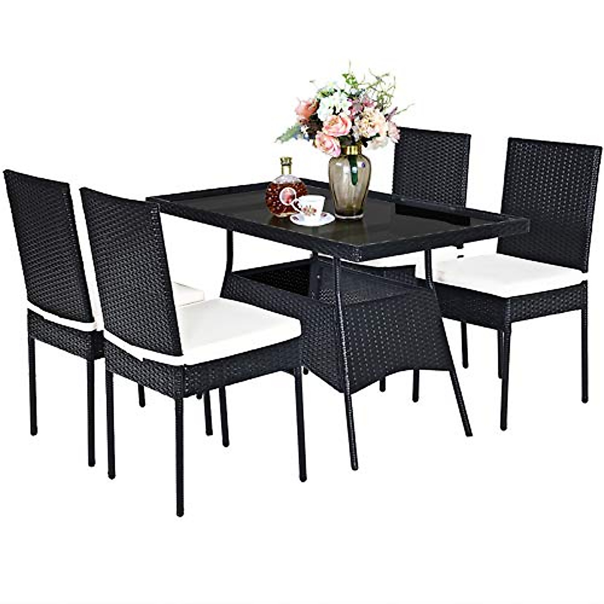 HAPPYGRILL 5-Piece Patio Dining Set Rattan Wicker Table Chairs Set with Cushions & Tempered Glass Table Top, Patio Furniture Outdoor Dining Set for Garden Poolside