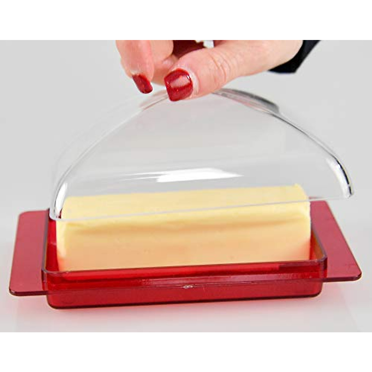 HOME-X Butter Keeper, Large Butter Dish with Lid, Versatile Food Container, Butter Dish with Handled Lid, 6 1/8" x 2 ½" W x 3 ¾" H, Red