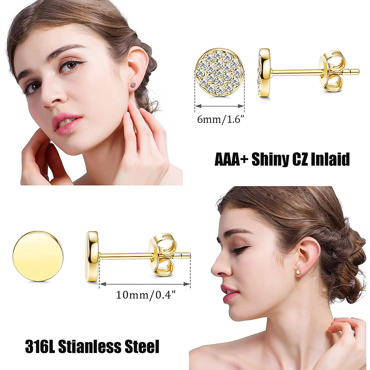 FIBO STEEL 8 Pairs Stainless Steel Star Bar Stud Earrings for Women Cute CZ Stud Earring Set Gold