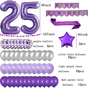 yujiaonly 25th Birthday Party Decorations Purple Happy Birthday Banner Purple 40inch Number 25 Happy birthday Sash Latex and Confetti Balloons for 25 Years Old Men Women