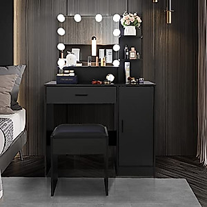 Large Vanity Set - Lighted Makeup Table with Vanity Stool - Makeup Vanity With Lights - Vanity Makeup Desk with Adjustable 3-color LED Bulbs - Dressing Table with 3 Shelves 1 Drawer 1 Cabinet - Black