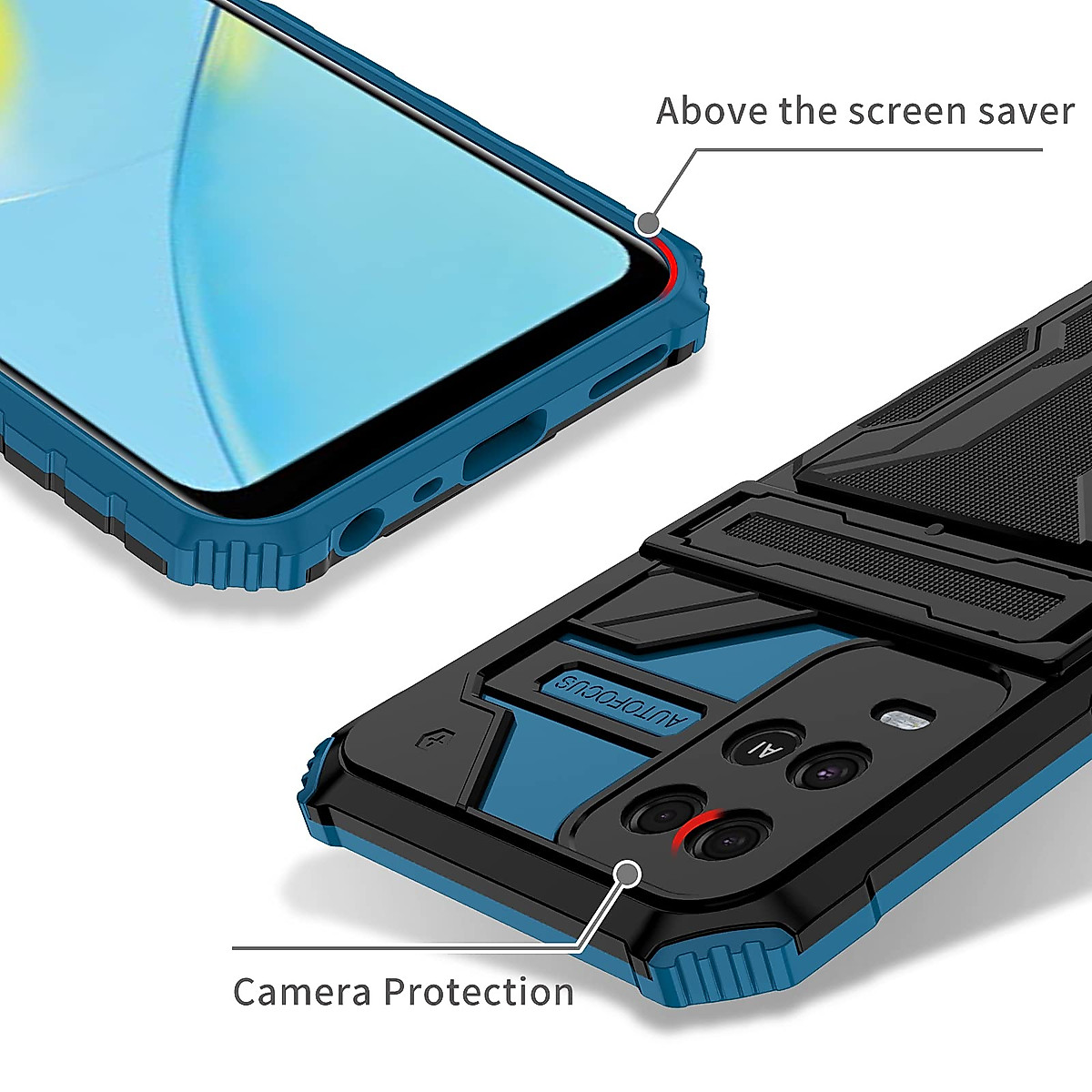 Asuwish Phone Case for Oppo A54 4G with Tempered Glass Screen Protector Cover and Slim Credit Card Holder Stand Hybrid Mobile Slot Kickstand Film Rugged Cell Accessories CPH2239 Women Men Blue