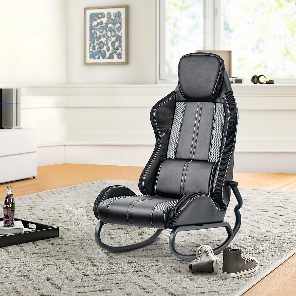 Upgrade Floor Chair Rocker Chair Floor Gaming Chair for Teens, Lightweight Design Without armrests Game Chairs with Folding Backrest, Lazy Sofa Lounger for TV,Reading,Playing. Black Silver