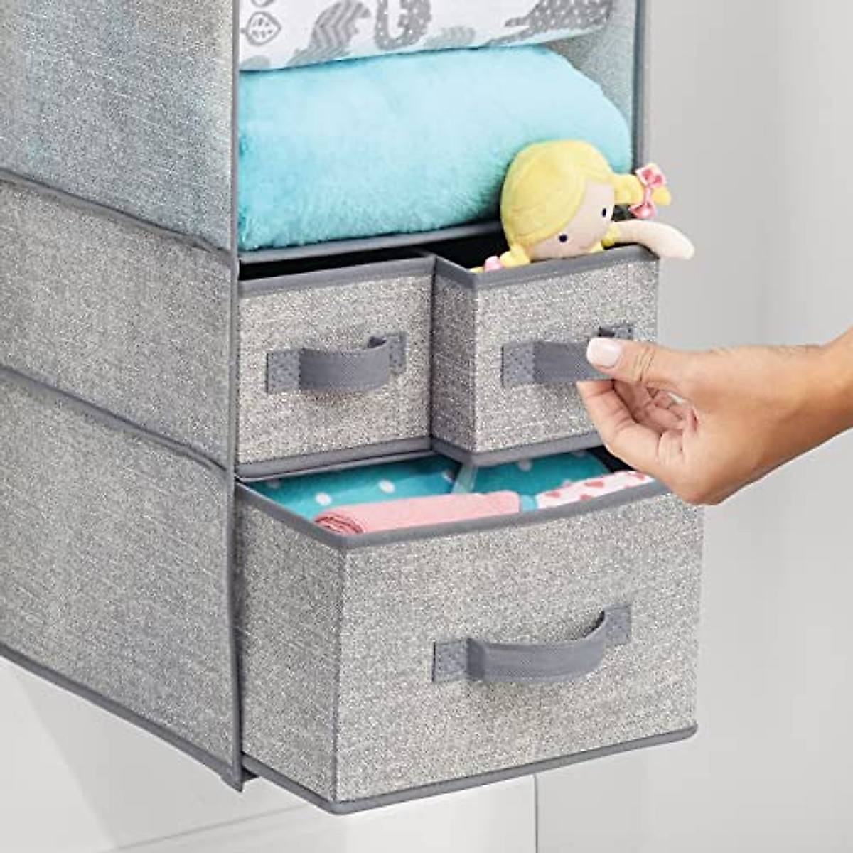 mDesign Soft Fabric Over Closet Rod Hanging Storage Organizer with 7 Shelves and 3 Removable Drawers for Child/Kids Room or Nursery - Textured Print - 2 Pack - Gray