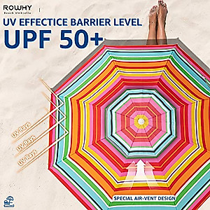 ROWHY 6.5FT Beach Umbrella UV 50+ Outdoor Portable Sunshade Umbrella With Push Button Tilt Sand Anchor and Carry Bag for Patio Garden Beach Pool Backyard (Red and Orange Stripe)