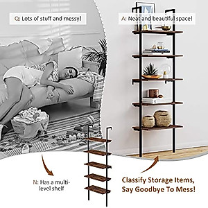 HITIK 5 Tier Wall Mounted Bookshelf, 72 Inches Tall Ladder Shelf with Metal Frame and Wood Board, Modern Industrial Bookshelf for Bedroom, Office, Living Room, Hallway