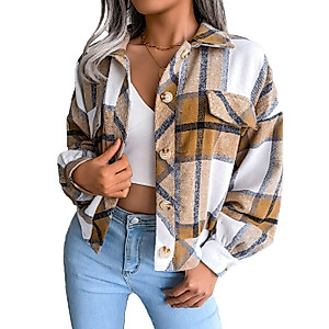 Womens Casual Plaid Shacket Long Sleeve Wool Blend Button Down Shirt Jacket Tops(Khaki,M)