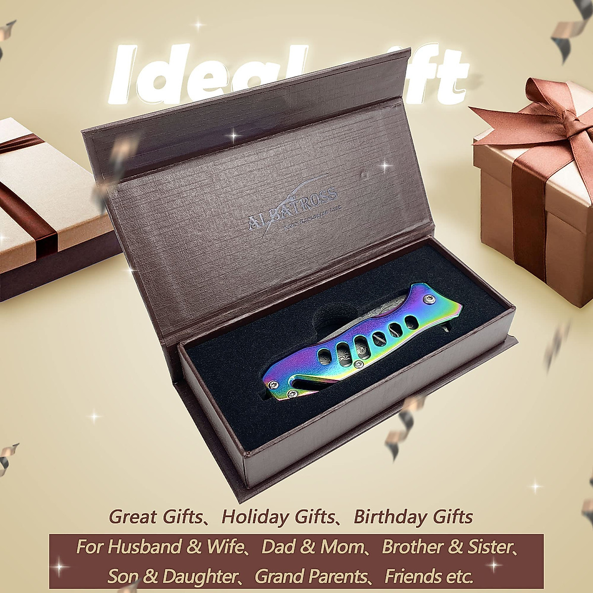 ALBATROSS EDC Cool Tactical Folding Pocket Knife with Modern Damascus Steel Blade, SpeedSafe Spring Assisted Opening Knifes with Liner Lock,Pocketclip,Glass Breaker,Seatbelt Cutter, Gifts Box (Multi)