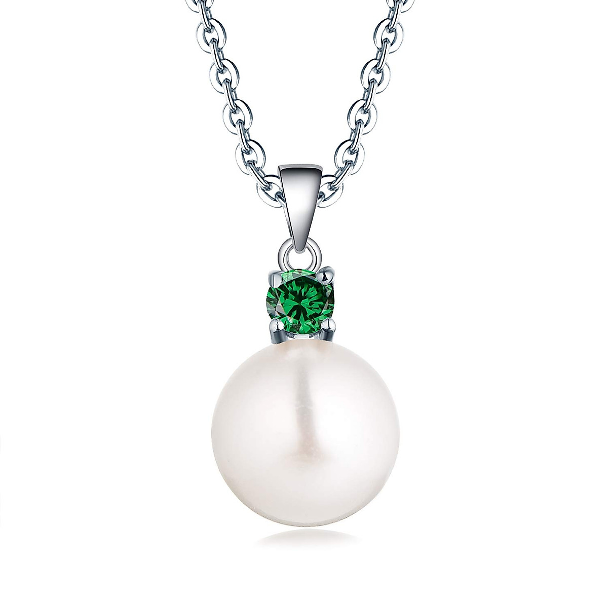 JO WISDOM Pearl Necklace,925 Sterling Silver Cubic Zirconia 10mm White Freshwater Pearl Pendant Necklace,Created Emerald May Birthstone Jewelry for Women