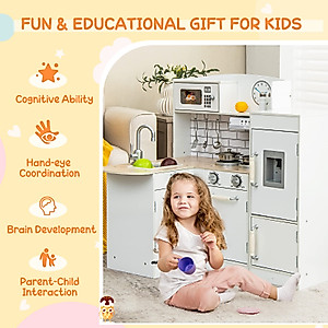 Costzon Kids Corner Kitchen Playset, 8-in-1 Wooden Play Kitchen Toy Set w/Realistic Microwave, Oven, Stove, Refrigerator, Water Dispenser, Range Hood, Utensils, Sink, Pretend Cooking Set for Toddlers