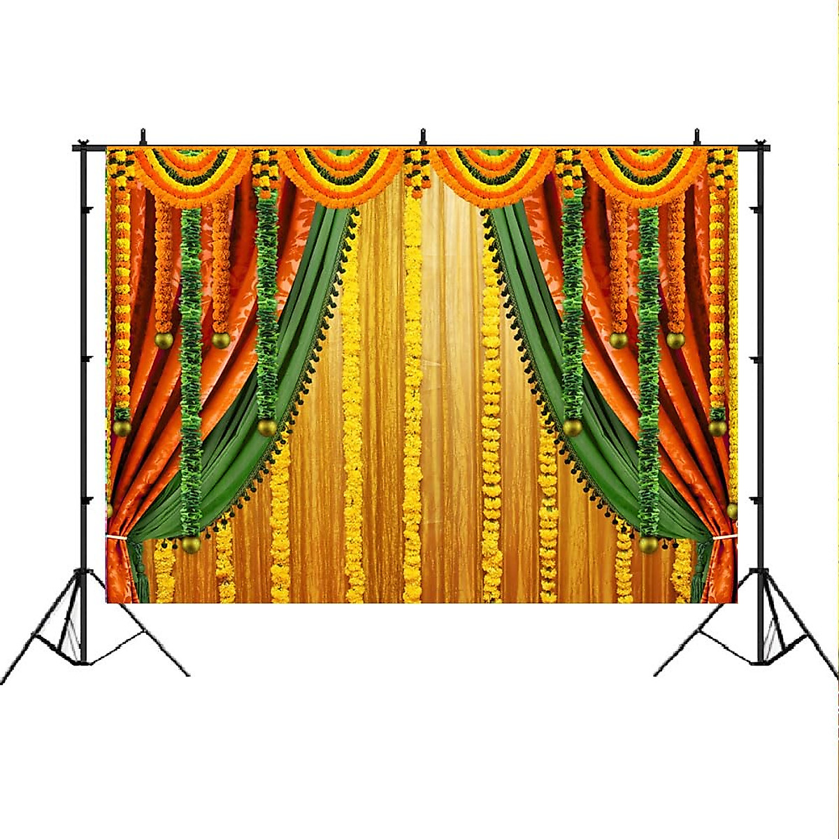 Lofaris India Pooja Backdrop Puja Ganpati Photography Traditional Banana Leaf Green Chatiya Ganesh Mehndi Festival Background Decorations Wedding Party Marigold Garlands Photo Props 7x5ft