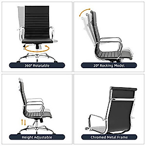 LANDSUN Modern High Back Office Chair PU Leather Ribbed Swivel Tilt Adjustable Home Desk Chair with Armrest Executive Conference Black