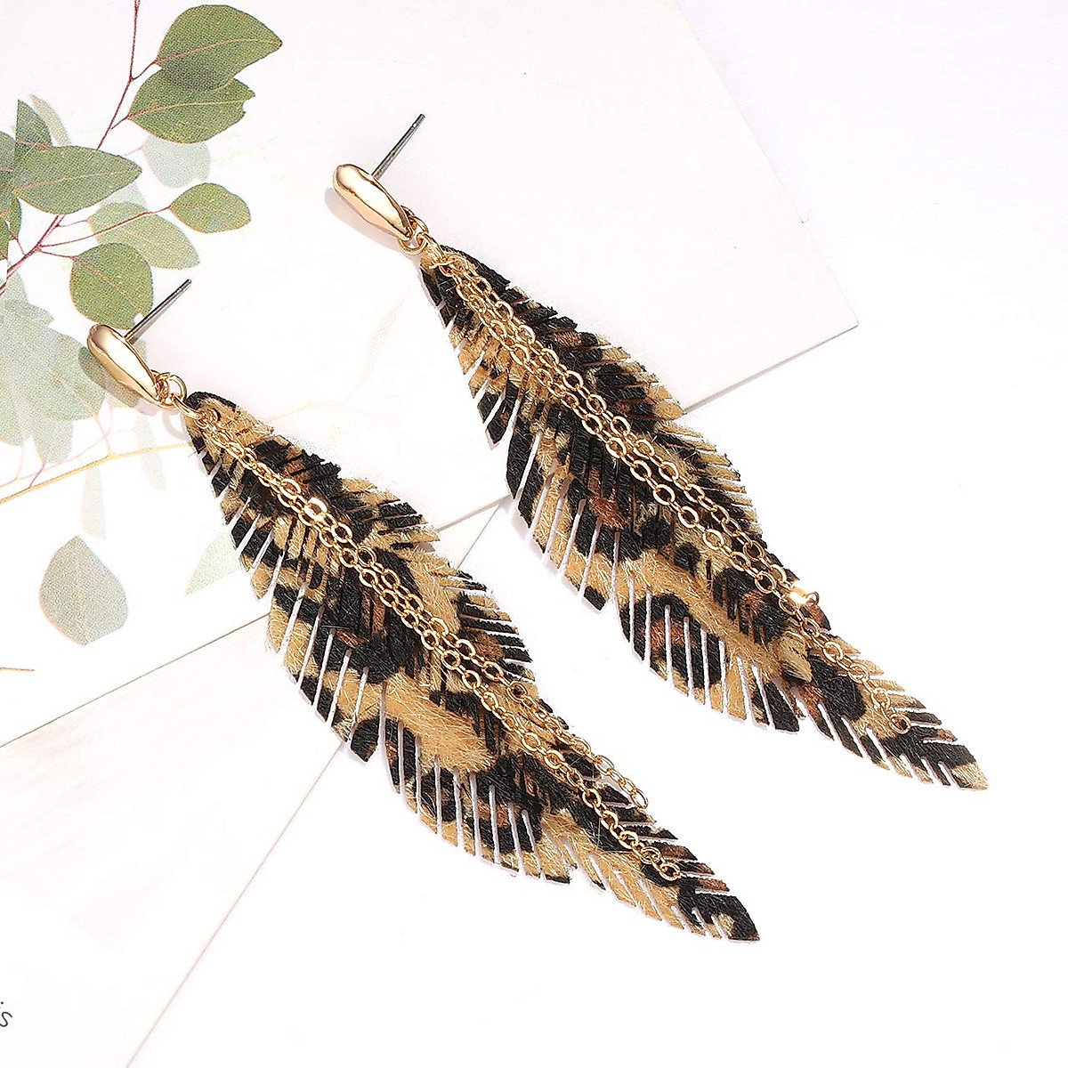 NVENF Feather Tassel Dangle Earrings for Women Bohemian Faux Leather Plume Gold-tone Metal Chain Fringe Statement Drop Earrings Vintage Ethnic Style Jewelry (Leopard)