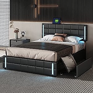 Livavege Queen Size Bed Frame with Square Headboard, LED Bed Frames with 4 Storage Drawers & USB Charging, Upholstered Platform Bed Queen with Wooden Slats Support, No Box Spring Needed