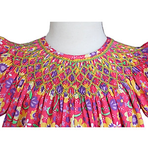 Hand Smocked Baby Girls Bishop Dress in Hot Pink Floral Fabric