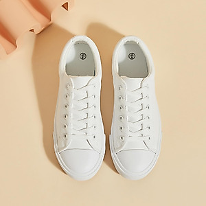 Eydram Women's Synthetic Leather White Tennis Shoes,Lace up White Sneakers,Low Top Fashion Sneakers(White.US9)