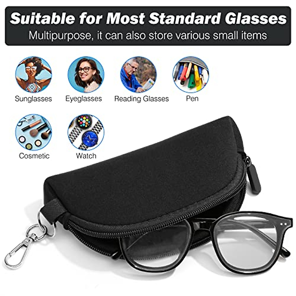 MoKo 𝑵𝒆𝒘𝒆𝒔𝒕 Sunglass Case Portable Glasses Case, 3 Pack Zipper Eyeglass Case Lightweight Soft Sunglass Pouch with Keychain Hook Design for Outdoor Travelling, Black