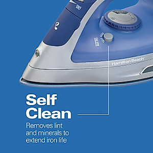 Hamilton Beach Steam Iron & Vertical Steamer for Clothes with Scratch-Resistant Durathon Soleplate, 8' Retractable Cord, 3-Way Auto Shutoff, Anti-Drip, Self-Cleaning, 1500 Watts, Blue