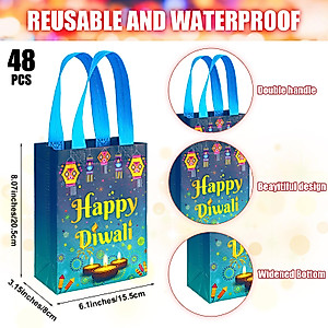 Windyun 48 Pcs Happy Diwali Gift Bags Non Woven Diwali Theme Party Gift Bag with Double Handles Diwali Favor Bags Tote for Diwali Festival of Lights Themed Party Treat Snacks Candy Favors Decorations