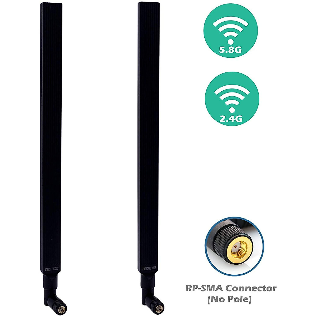TECHTOO WiFi Antenna Dual Band 9 dBi 2.4/5.8GHz for Router AP - Security IP Camera - USB Card Adapter - PCI PCIe Cards - Range Extender - PC Desktop - Drone - PS4 Build (2.4/5.8GHz RP-SMA 2-Pack)
