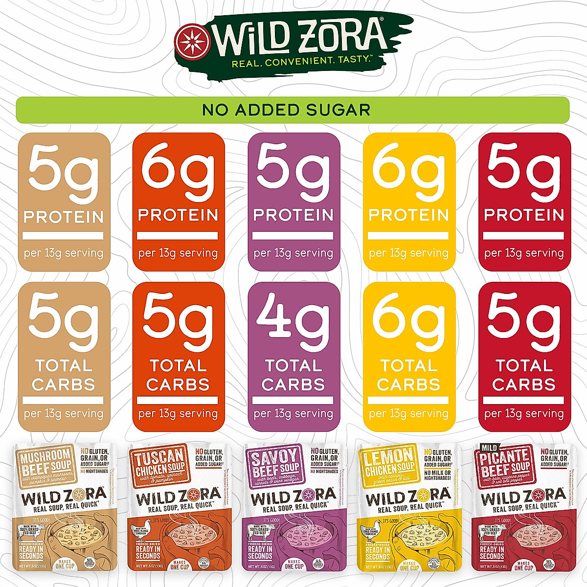 Wild Zora Instant Keto-Friendly Soups 5-Pack Variety, Broth Made with Grass-Fed Beef, Free-Range Chicken, and Vegetables, Gluten-Free, Low Carb, No Added Sugar, Flavorful Pantry Staples - 0.5oz/13g