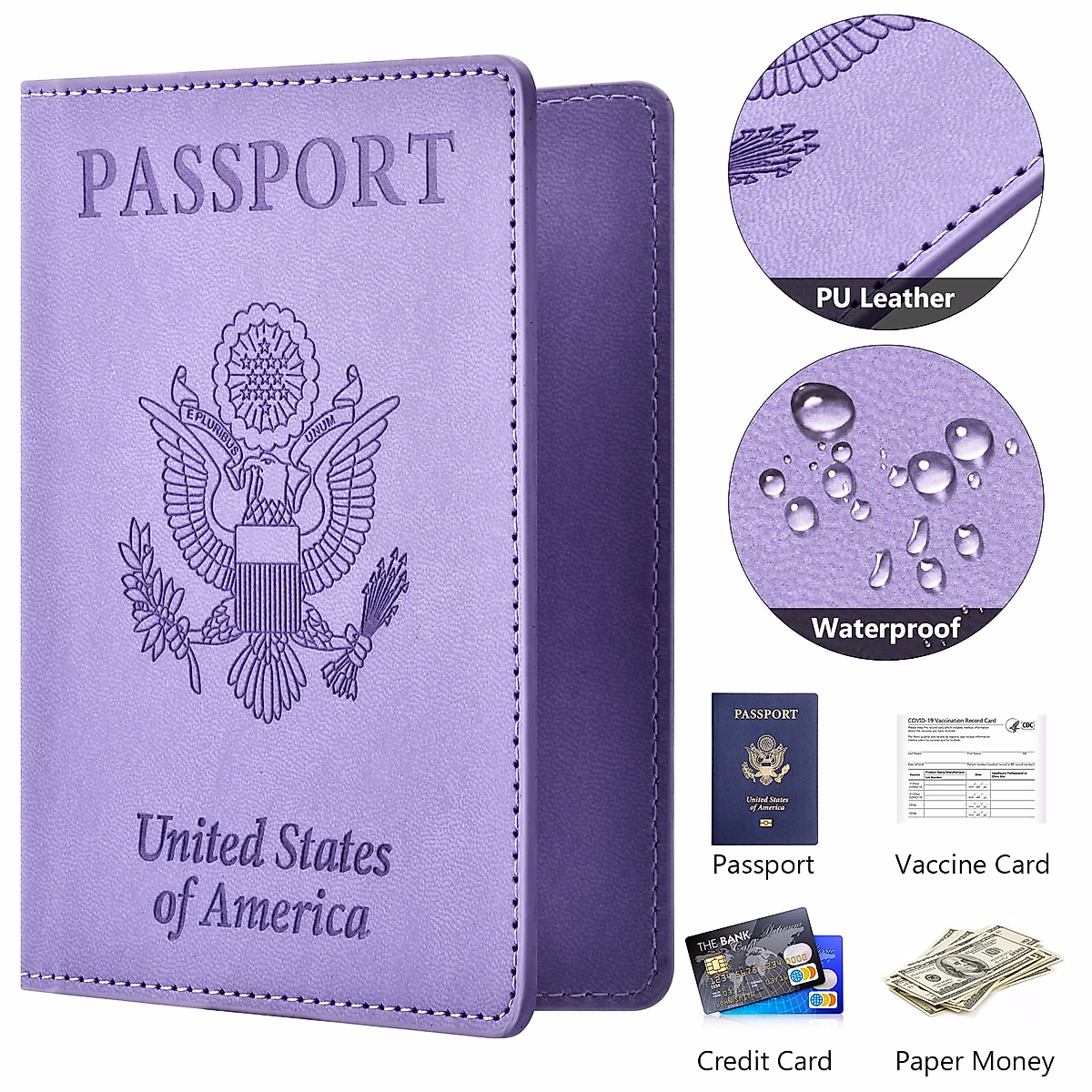 Passport and Vaccine Card Holder Cover Combo, Passport Case /Wallet with Vaccine Card Slot for Women and Men(AL-Purple)