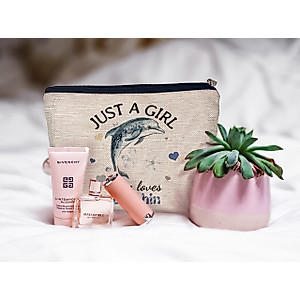 Dolphin Gifts,Just a Girl Who Loves Dolphin Dolphins Cosmetic Bag,Dolphin Gifts for Women,Blue Watercolor Dolphin Decorative Women's Makeup Bag Zipper Pouch Travel Toiletry,Gifts for Dolphin Lovers