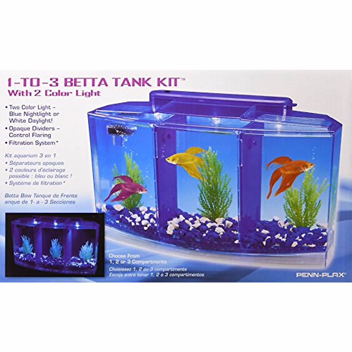 PENN-PLAX Deluxe Triple Betta Bow Tank Kit – Safely Divided Compartments – White and Blue LED Display Lights – Includes Under Gravel Filter & Plastic Plants – 0.7 Gallon in Blue