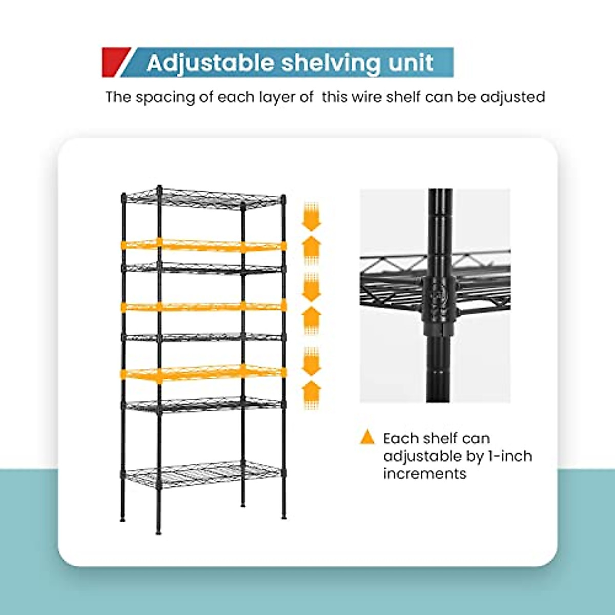 NiamVelo 5 Tier Wire Shelving Unit NSF Storage Shelving Adjustable Metal Wire Shelf Rack 21.5’’ x 11.6’’ x 47.6’’(LxWxH) Wire Rack for Kitchen, Office, Living Room, 750 Lbs Weight Capacity (Black)