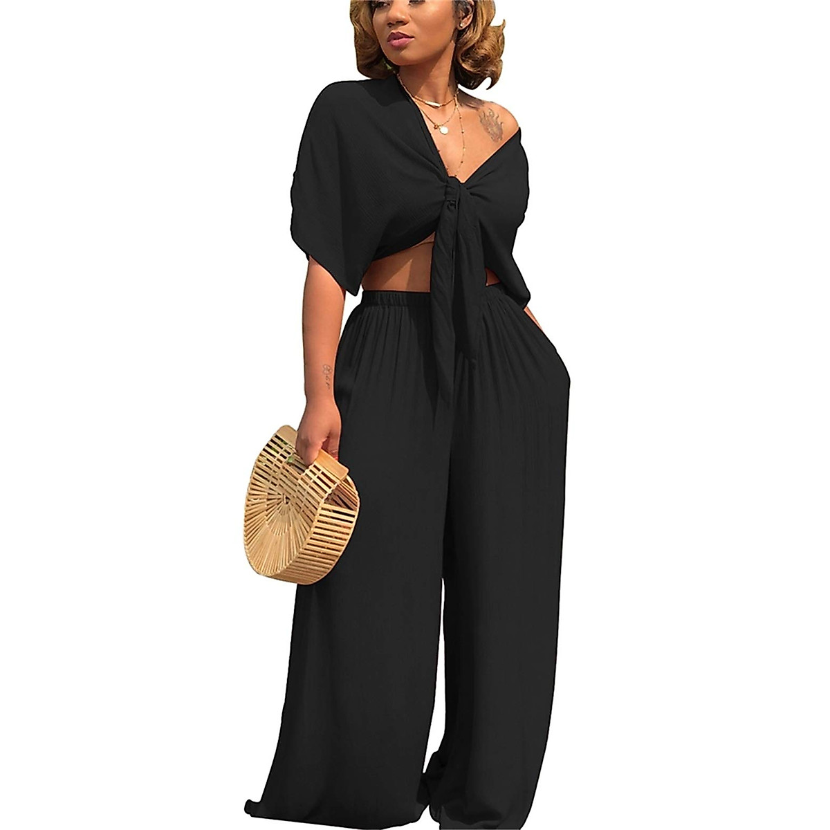 VLUNT Women's Sexy 2 Piece Outfits V-Neck Crop Top and Wide Leg Long Pants Jumpsuits Set,Black-S