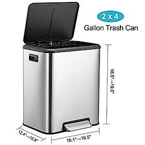 GlowSol Dual Trash Can for Recycling and Trash, 2 x 4 Gallon (30L) Stainless Steel Kitchen Trash Can with Lid and Foot Pedal, Double Compartment Garbage Can, Trash Can with Recycling Bin