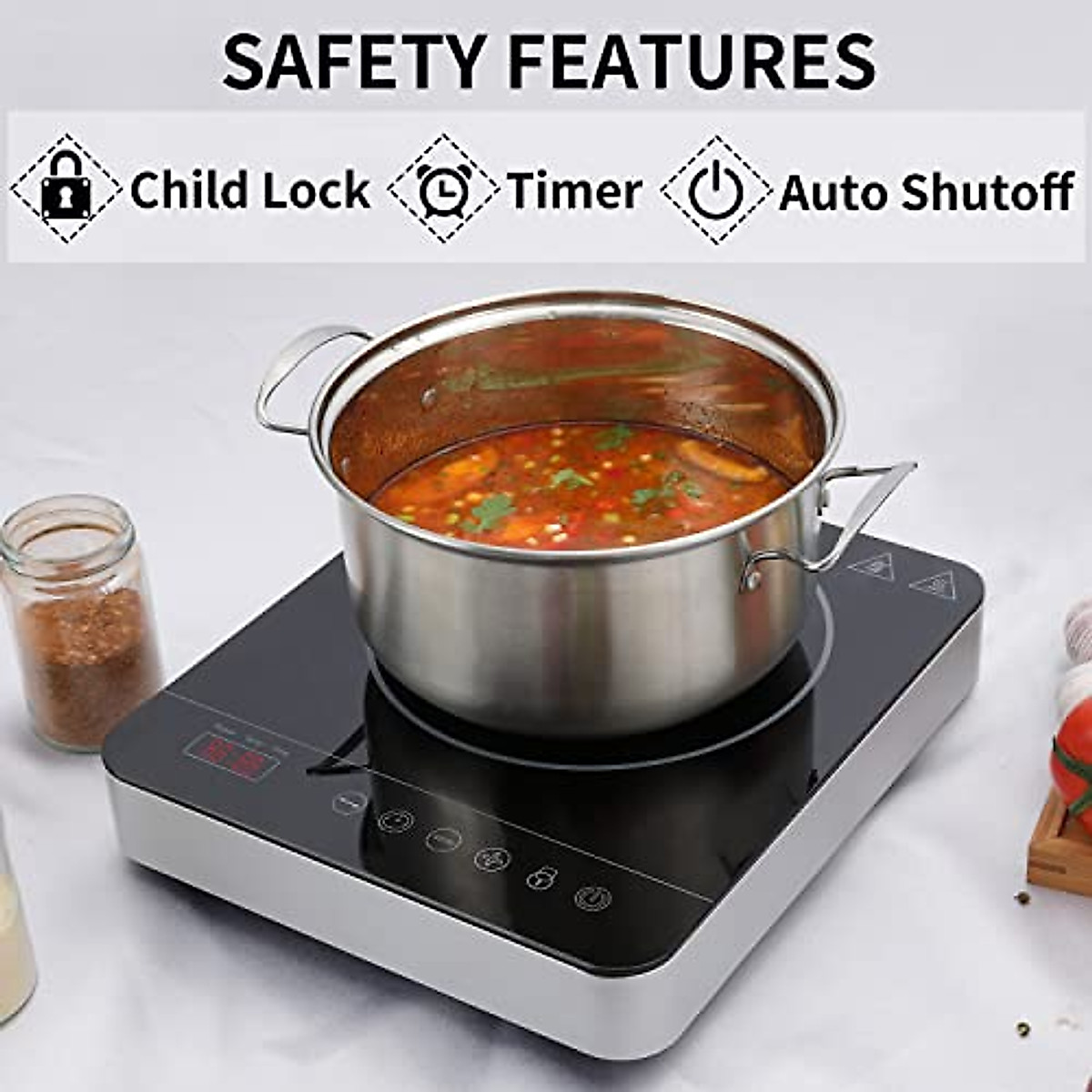 Weceleh Portable Single Induction Cooktop Hot Plate Countertop Burner Cooker 1 Burner, 1800W, 9 Power Levels, 10 Temp Levels, Timer, Auto-Shut-Off, Touch Panel, LED Display, Child Safety Lock, Black