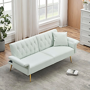 Elevon Futon Couch, Convertible Futon Sofa Bed, Faux Leather Folding Recliner Sleeper, Modern Lounge Sofa with Adjustable Armrests and Pillow for Living Room, Small Space, Office, Apartment, White