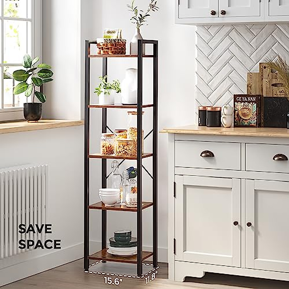 VASAGLE Bookshelf, Bookcase, 5-Tier Storage Shlef Rack with Steel Frame, for Living Room, Office, Study, Hallway, Industrial Style, Rustic Brown and Black ULLS100B01