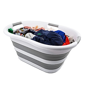 SAMMART 40L (10.5 Gallon) Collapsible Plastic Laundry Basket - Foldable Pop Up Storage Container/Organizer - Portable Washing Tub - Space Saving Hamper/Basket (1, White/Grey)
