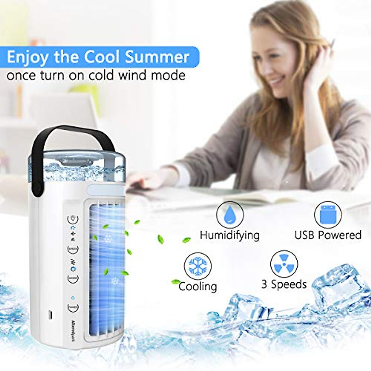 Altered park Portable Air Conditioner Fan, Personal Cooler Super Quiet Desk Fan Mini Air Cooler with 7 Colors LED Light, 3 Speeds,2-Wind Mode, Air Circulator Humidifier Misting Fan for Home Office