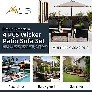 SUNLEI Multi Pieces Outdoor Patio Furniture Sets Conversation Sets Rattan Chair Wicker Set,Glass Table,Outdoor Indoor Use Backyard Porch Garden Poolside (Black, 4 PCS-White/Wood Tabletop)…