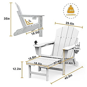 Mdeam Folding Adirondack Chair - Weather Resistant Fire Pit Chair with 2 Cup Holders and Retractable Ottoman for Patio, Garden, Backyard, Lawn, Outdoor (White)