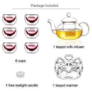 Jusalpha 11 PC-Glass Filtering Tea Maker Teapot with a Warmer and 6 Tea Cups Set (Version 2, 27-Oz)