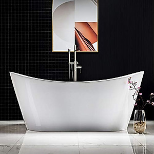 WOODBRIDGE 67" Acrylic Freestanding Bathtub Contemporary Soaking White Tub with Brushed Nickel Overflow and Drain，B-0010